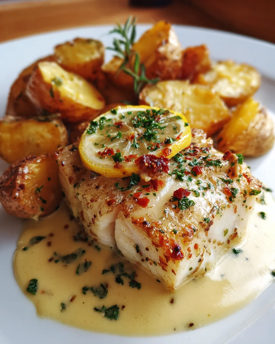 Baked Cod with Lemon Butter Sauce & Roasted Potatoes Recipe